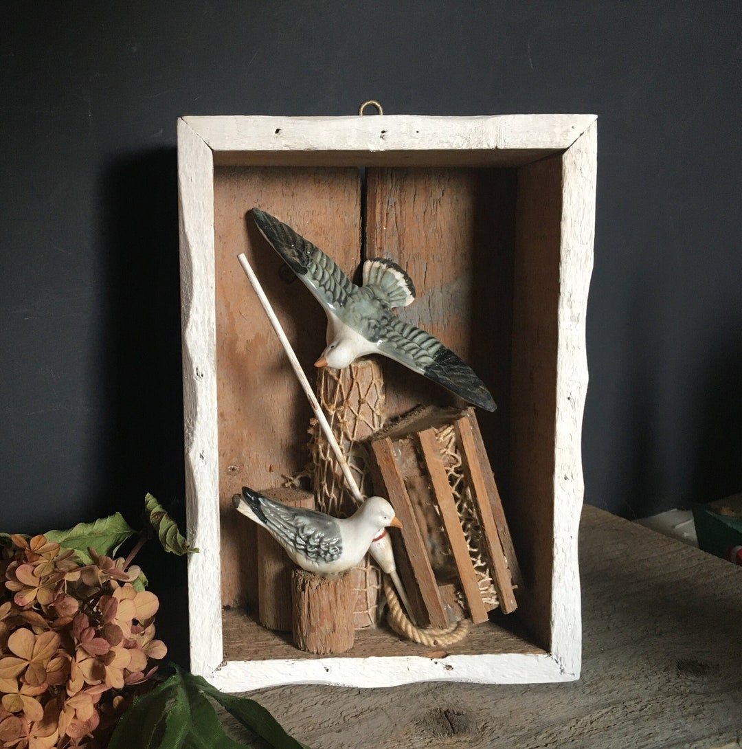 Vintage Wood Seagull Beach Scene Shadow Box Beach House Nautical Decor ...