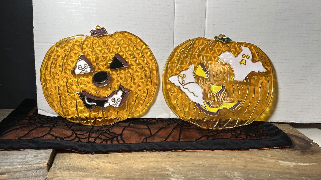 Vintage Halloween Jack O Lantern Plastic Suncatchers Pumpkin Ghosts ...