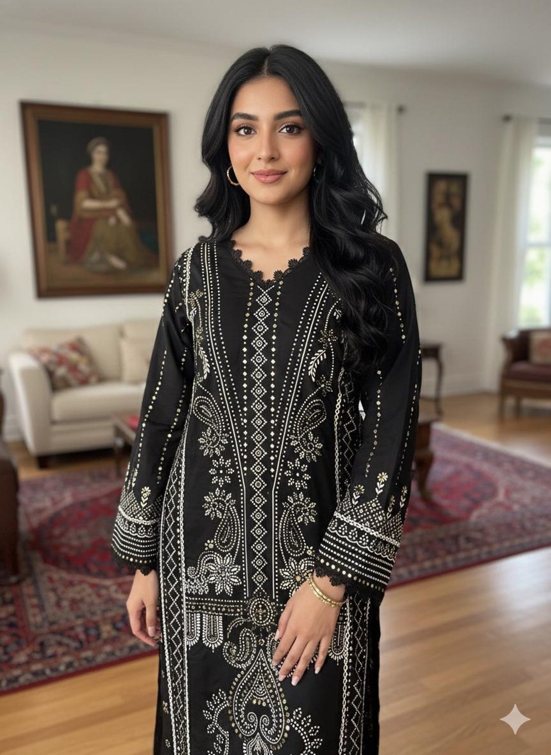 Pakistani Black Hand-worked Mukesh 3 Piece Suit - Metallic Gold Wire ...