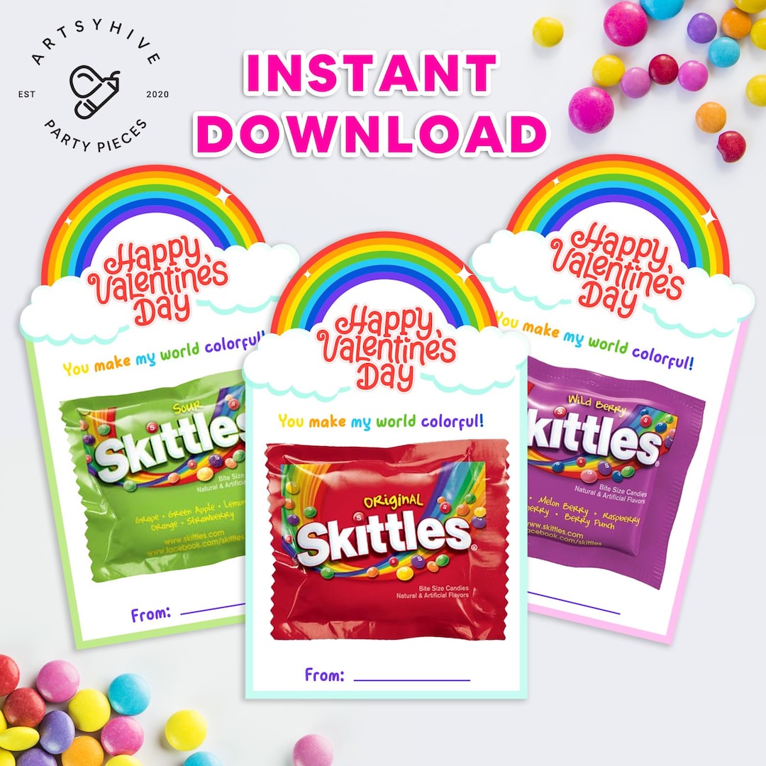 Skittles Valentines Gift Tags: Printable Classroom Favors (instant ...