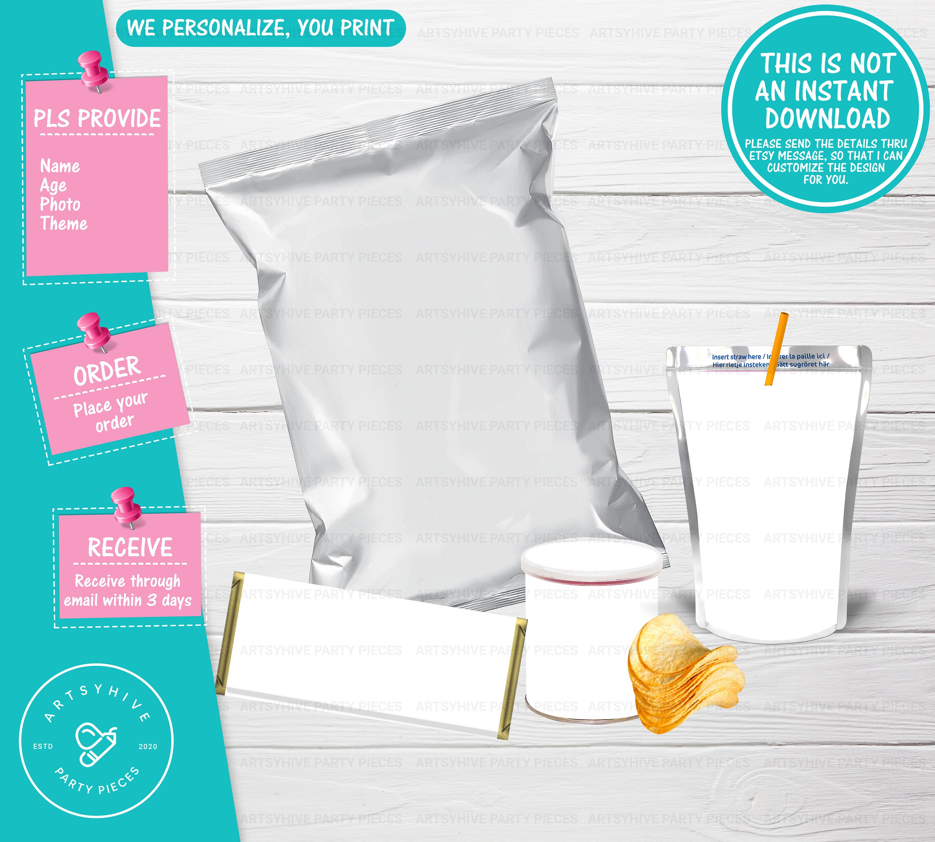 Custom Party Favor Treats of 4 Items, Custom Party Labels, Custom Party ...