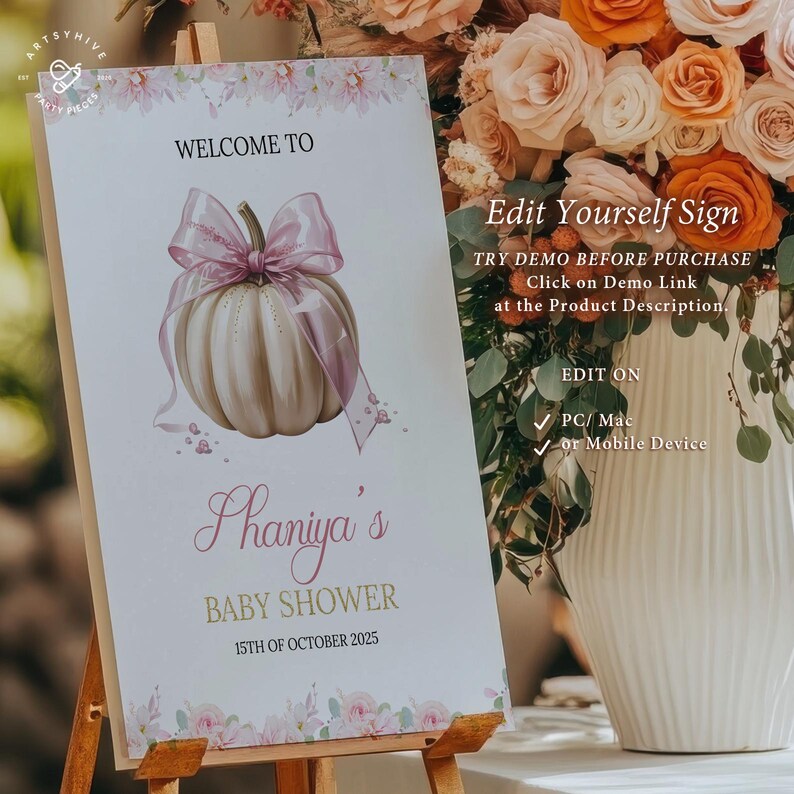 Little Pumpkin Baby Shower Welcome Sign: Blush Pink Floral (digital ...