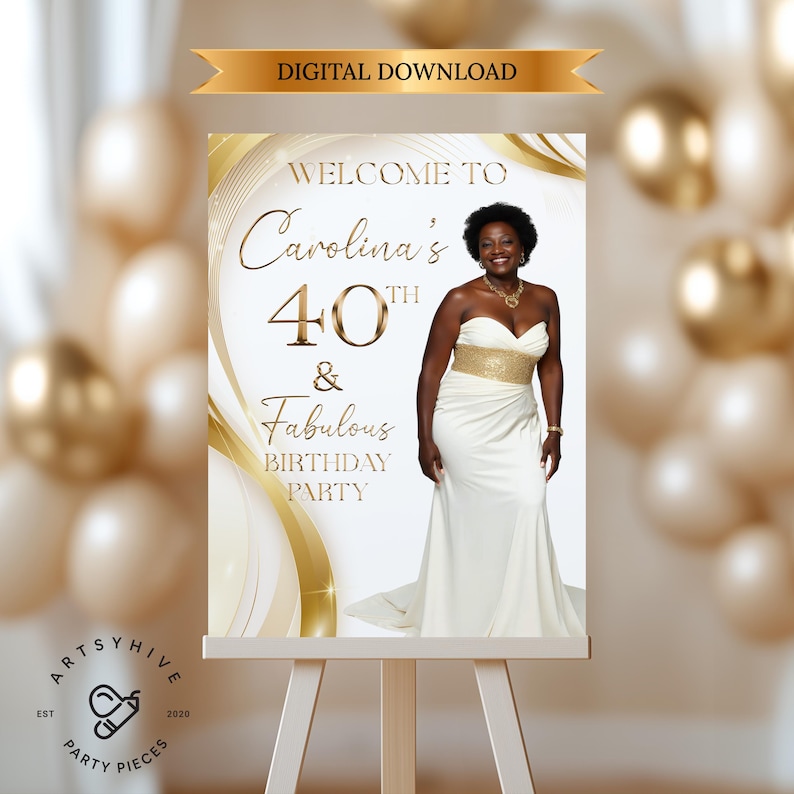 Elegant 40th Birthday Welcome Sign: Gold & White Party Decor (digital ...