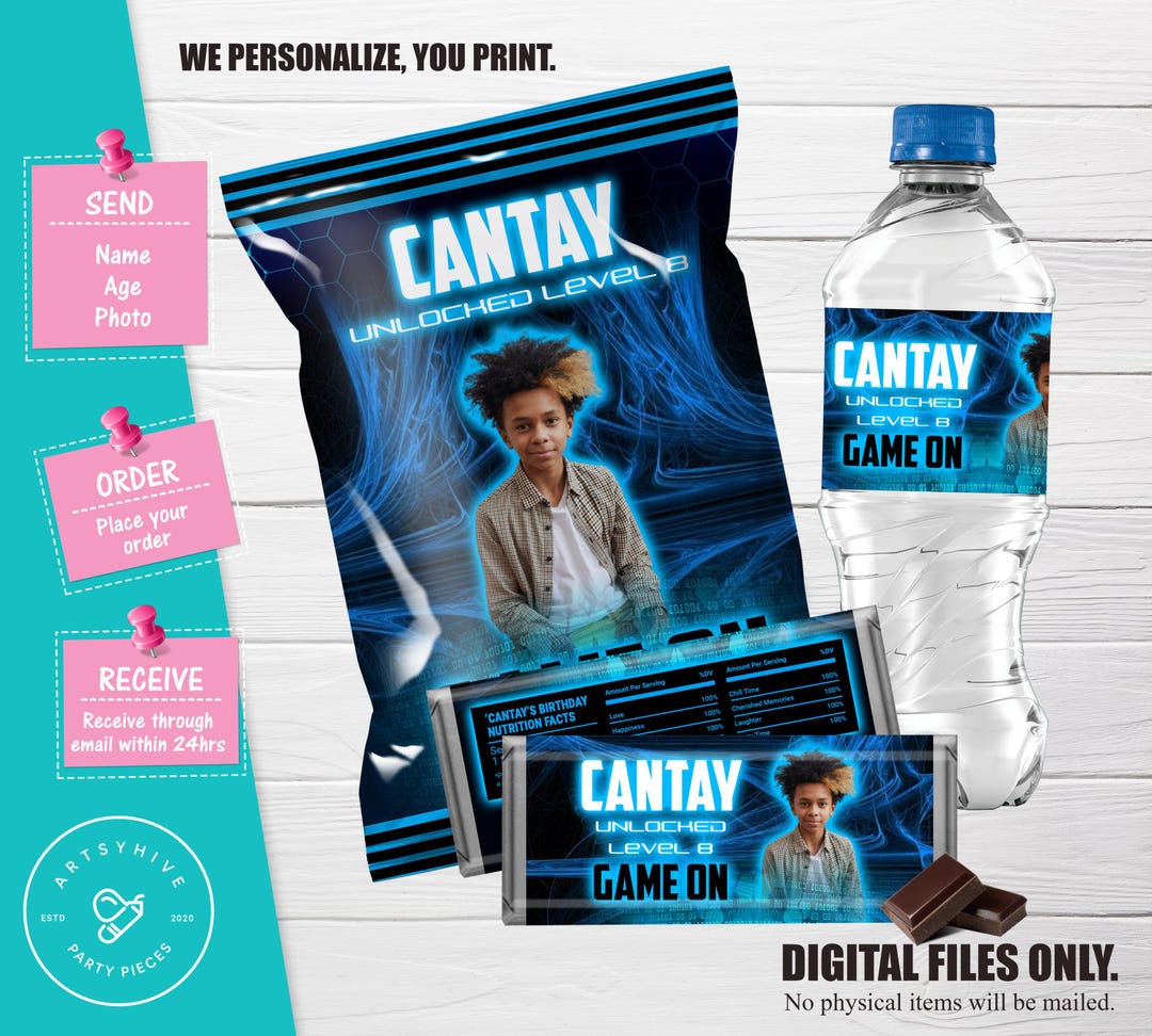 Gamer Birthday Party Favors: Chip Bag, Candy Wrapper, Water Labels ...