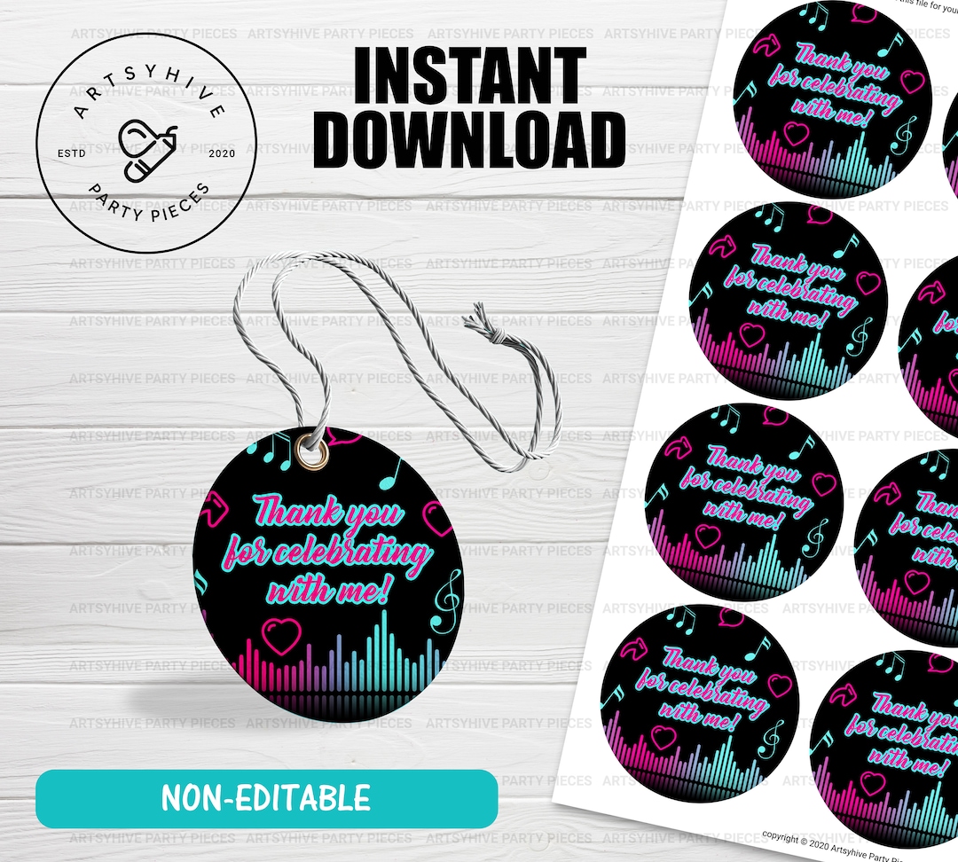 Musical Inspired Thank You Tags, Round Gift Tag Labels, Birthday Thank ...