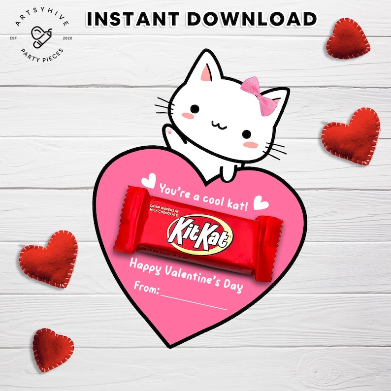 Cat Valentine Gift Tags: Kitkat Labels, Kids Classroom Favors (PDF) - Etsy