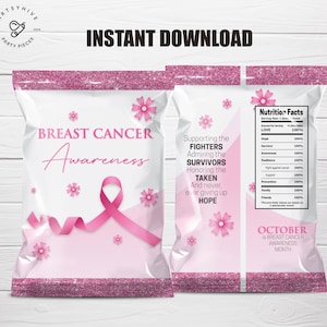 Breast Cancer Awareness Chip Bag Label, Pink Ribbon Chip Bag Label, Breast Cancer Awareness ...