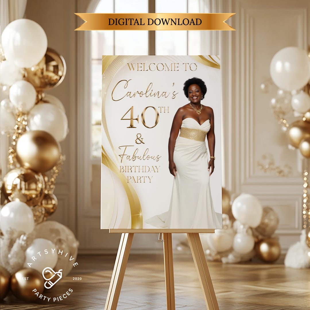 Elegant 40th Birthday Welcome Sign: Gold & White Party Decor (digital ...
