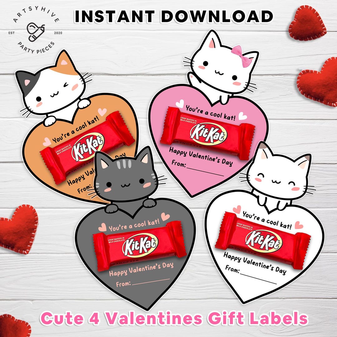 Classroom Valentine Favor for Kids, Cat Valentine Tag, Valentines Gift ...