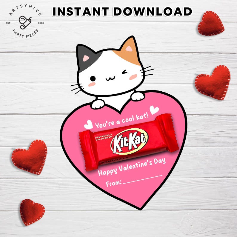 Cat Valentine Gift Tags: Kitkat Labels, Kids Classroom Favors (PDF) - Etsy
