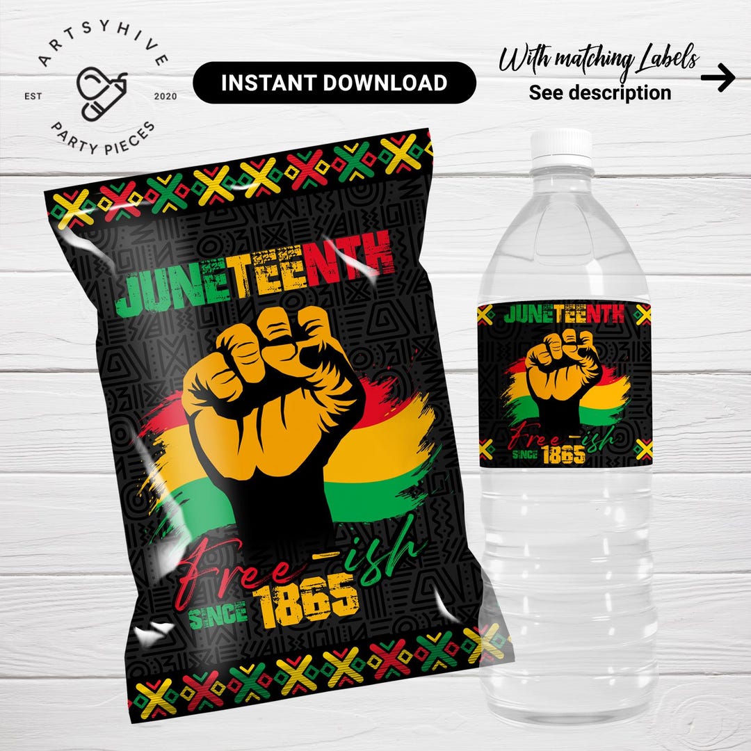 Juneteenth Party Chip Bags and Water Bottle Label, Freedom Day Favors ...