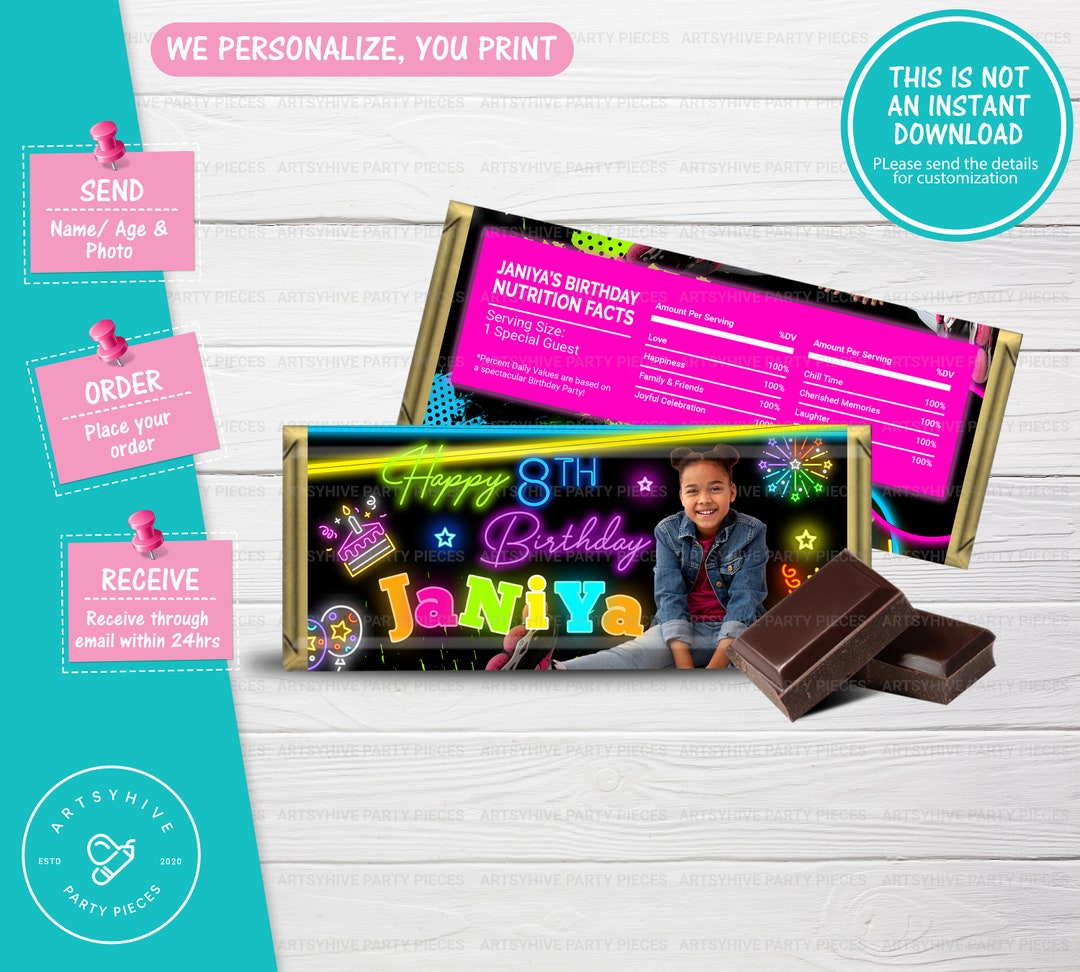 Neon Party Candy Bar Wrapper, Neon Party Favors, Glow in the Dark Party ...