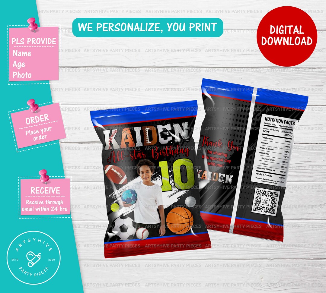All Star Sports Chip Bag, Birthday Chip Bag, Custom Party Chip Bag ...