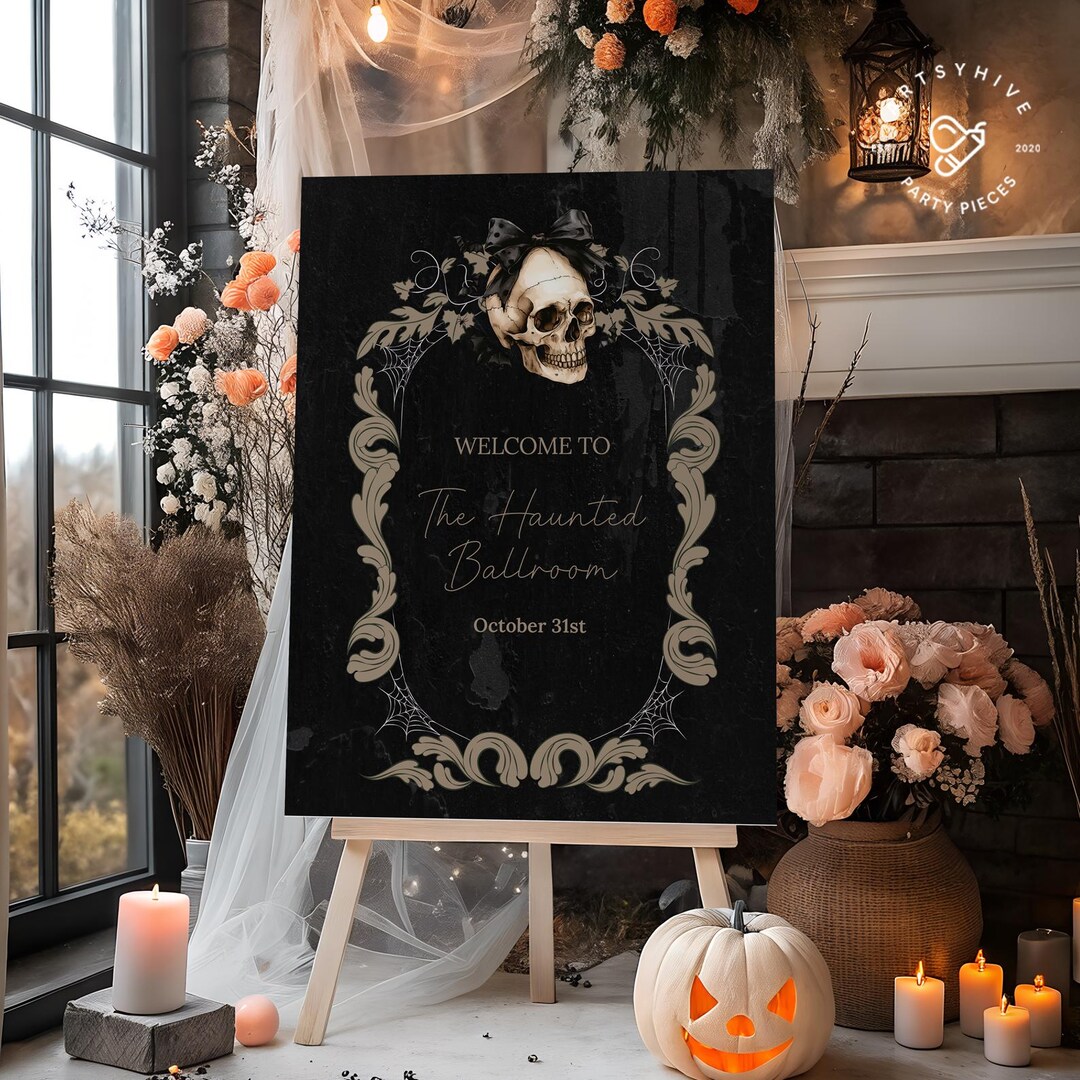 Editable Halloween Welcome Sign, Haunted Ballroom Party Decor, Skull ...
