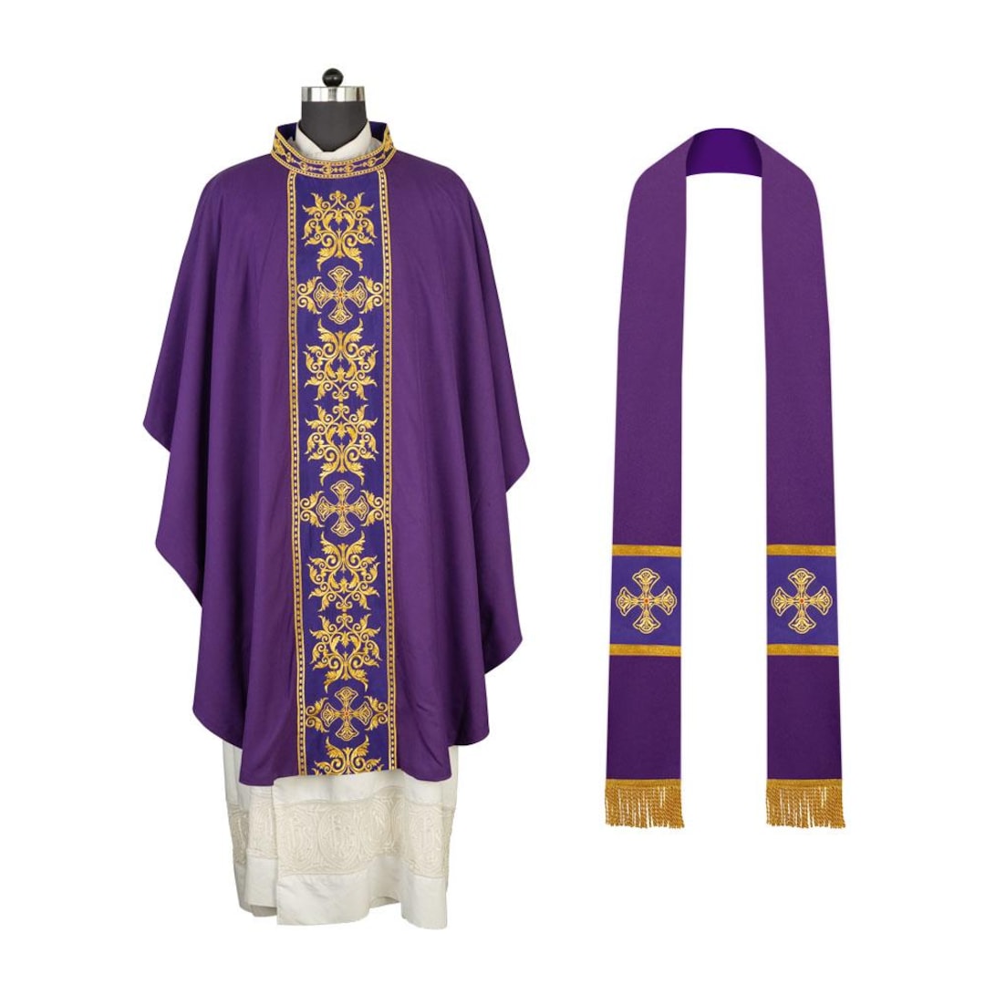 Violet Priest Chasuble With Ornate Embroidered Crosses and an Elegant ...