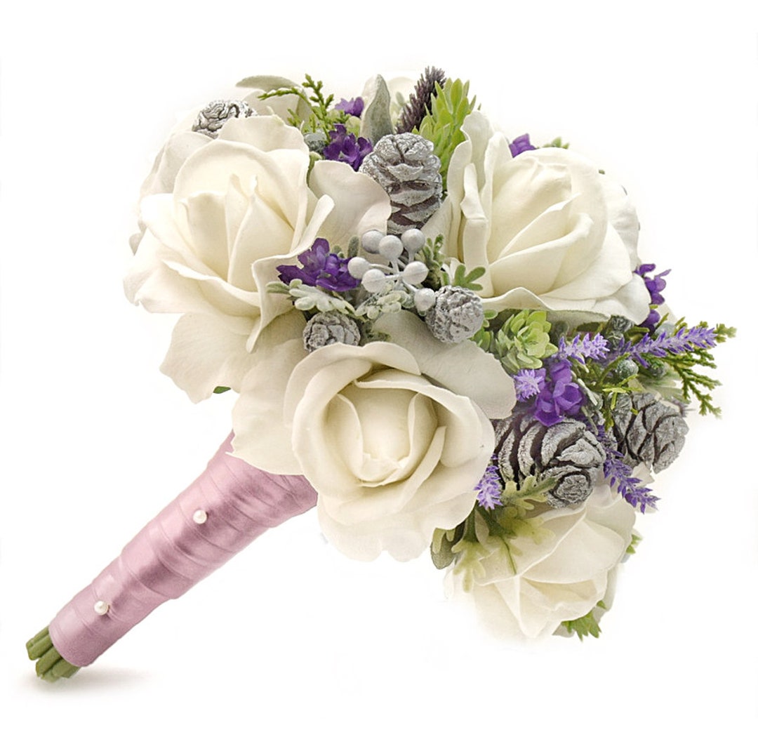 Real Touch Artificial White Ivory Silver Purple Rose Bridal Cascade ...