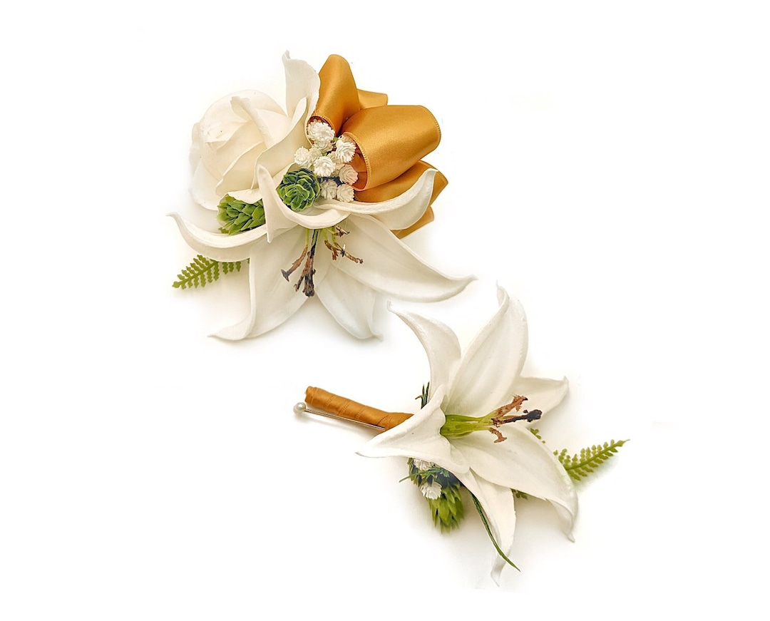 White Rose Tiger Lily Hops Baby's Breath Fern Pearl Wristlet Corsage ...