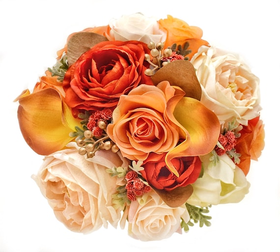 Real Touch Artificial Rust Orange Gold Roses Lilies Bridal | Etsy