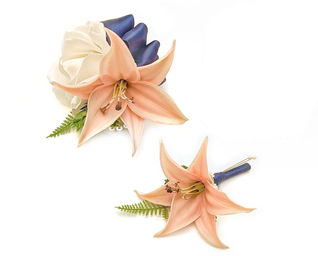 White Rose Coral Pink Tiger Lily Hops Baby's Breath Fern Pearl Wristlet ...