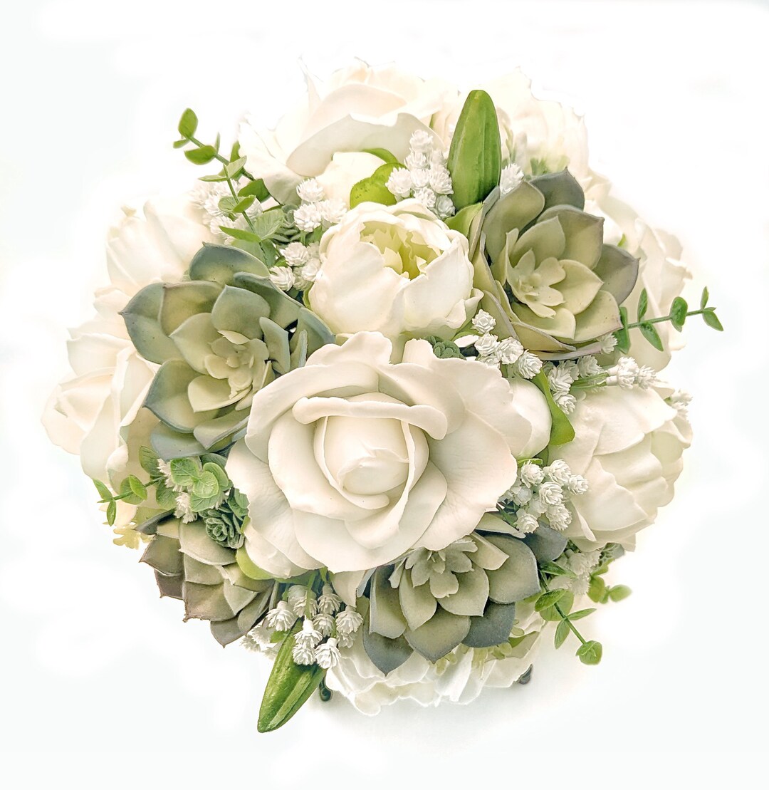 Real Touch Artificial White Ivory Peonies Roses Succulent Hops Bridal ...