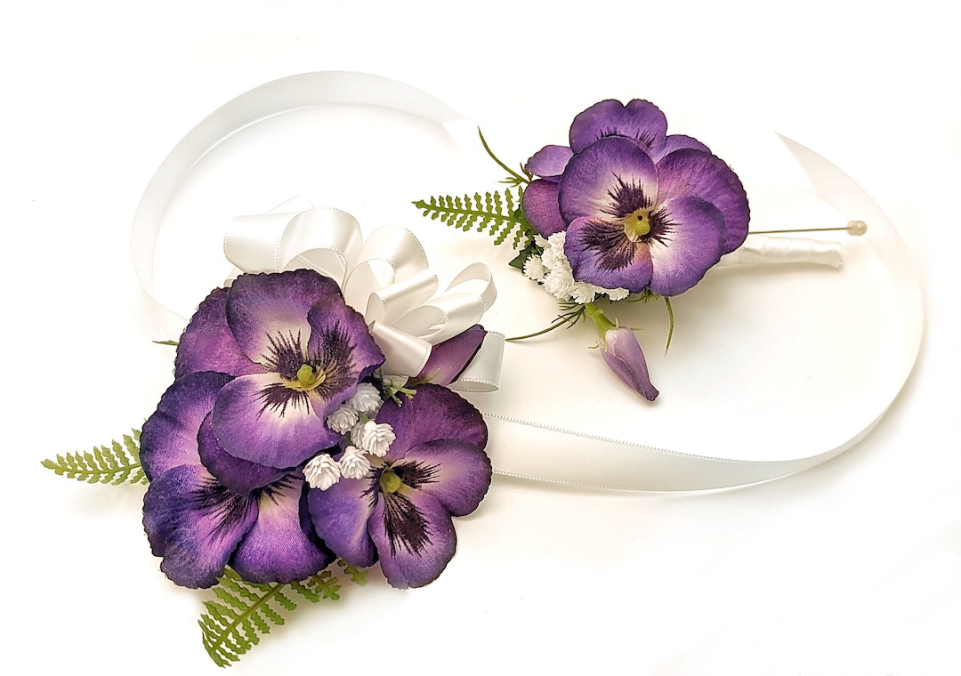 Purple Violet Fern Baby's Breath Wristlet Corsage Boutonniere Prom ...