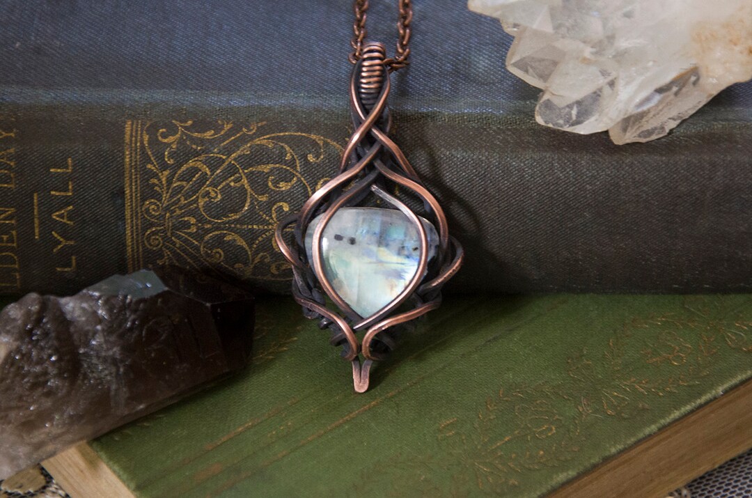 Rainbow Moonstone Wire Wrap Pendant Necklace Antiqued Copper - Etsy