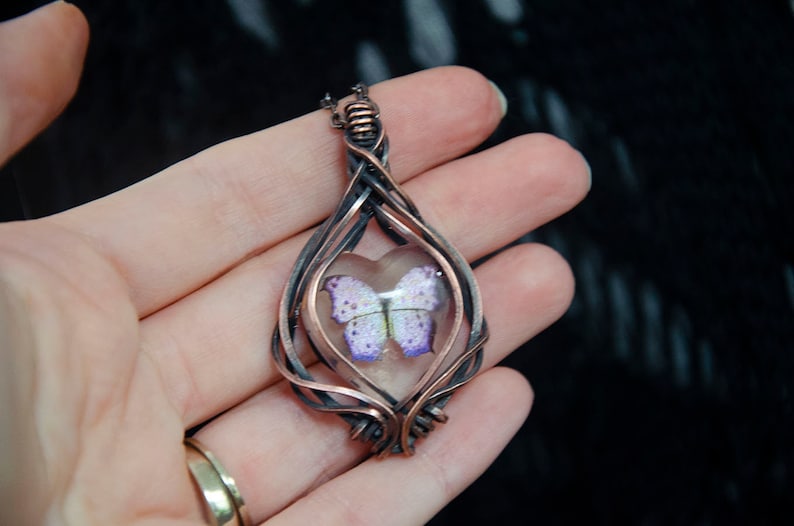 Light Purple Butterfly Replica in Resin Wire Wrap Pendant Necklace ...