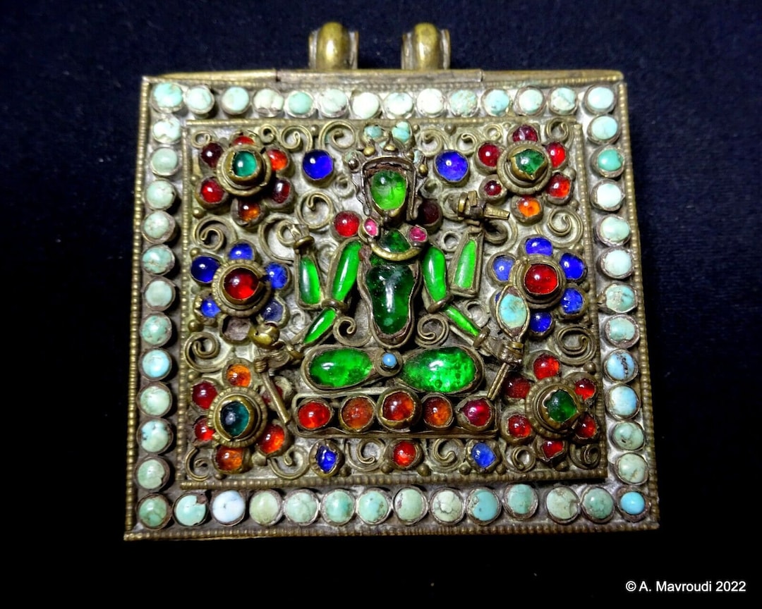Newari Nepal Gao Gahu Gilded Amulet Box Turquoise & Coloured Glass ...