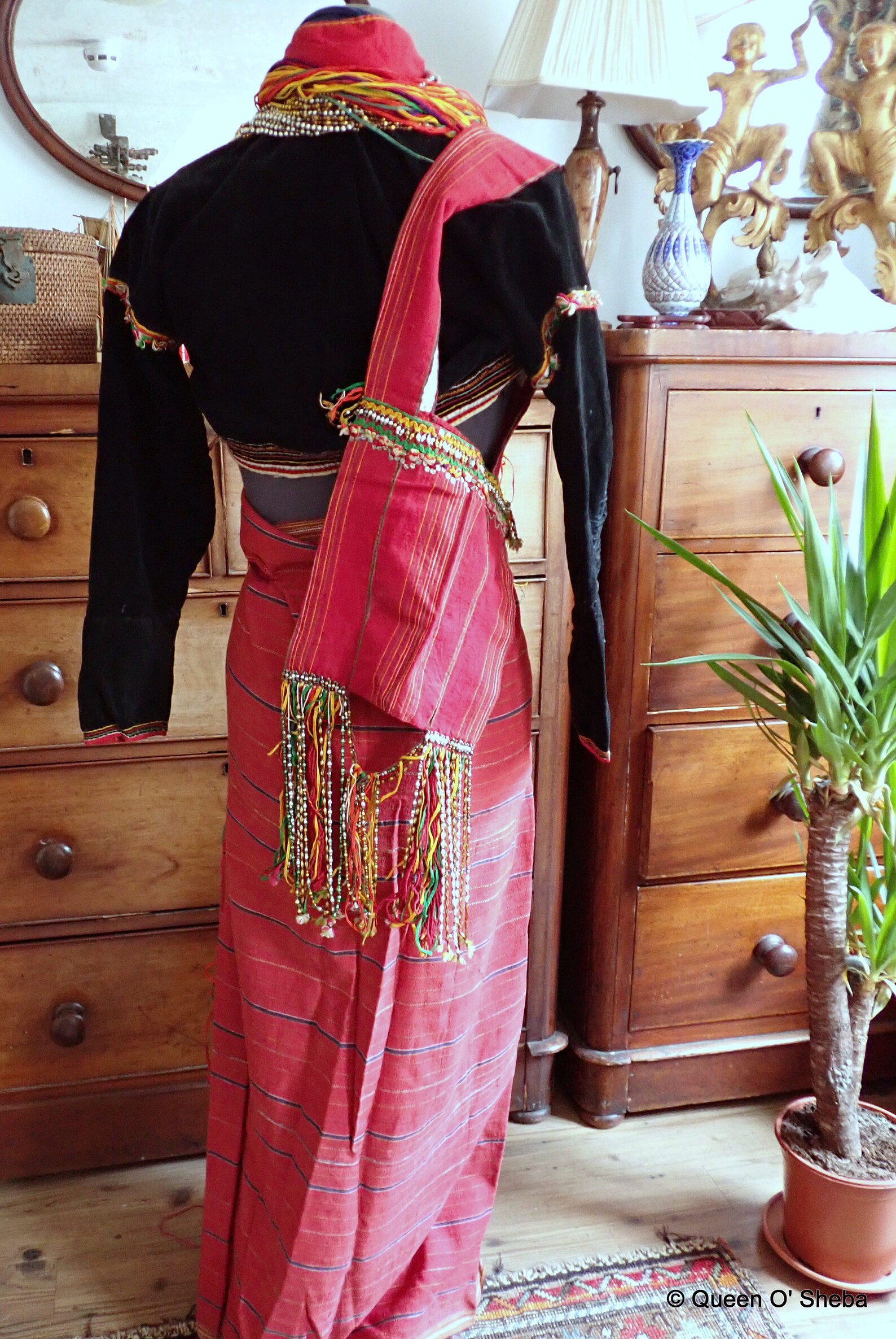 Palaung Costume Ensemble Jacket Sharong Shoulder Bag Head Band Turban ...