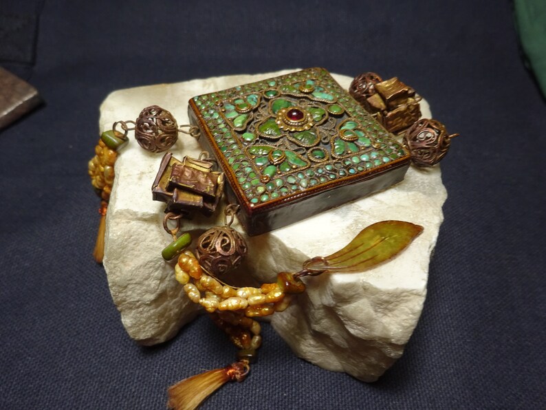 An Antique Rare Gao Gau Amulet Box With Turquoise Jade Pearls Tibet ...