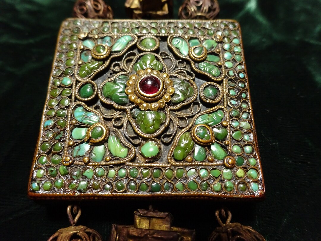 An Antique Rare Gao Gau Amulet Box With Turquoise Jade Pearls Tibet ...