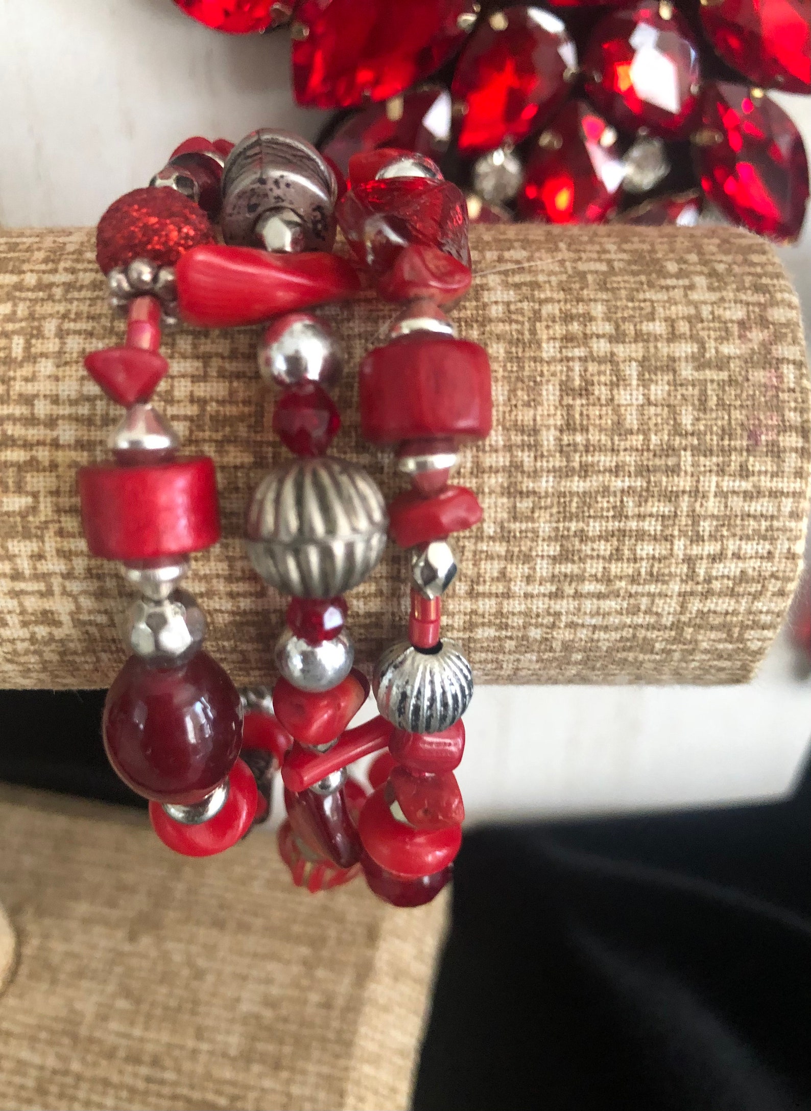 Red Jeweled Bedazzled Collar Necklace, Bracelets and Earrings - Etsy