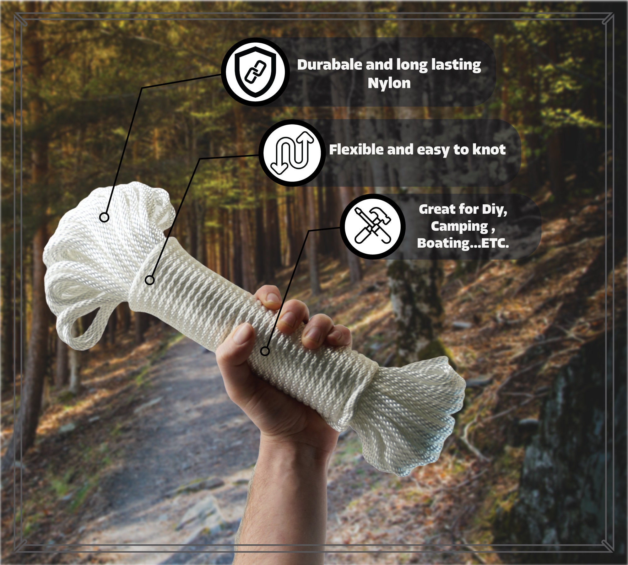 White/black Solid Braid Polyester Rope 5/32", 1/4", 1/2" -durable and ...