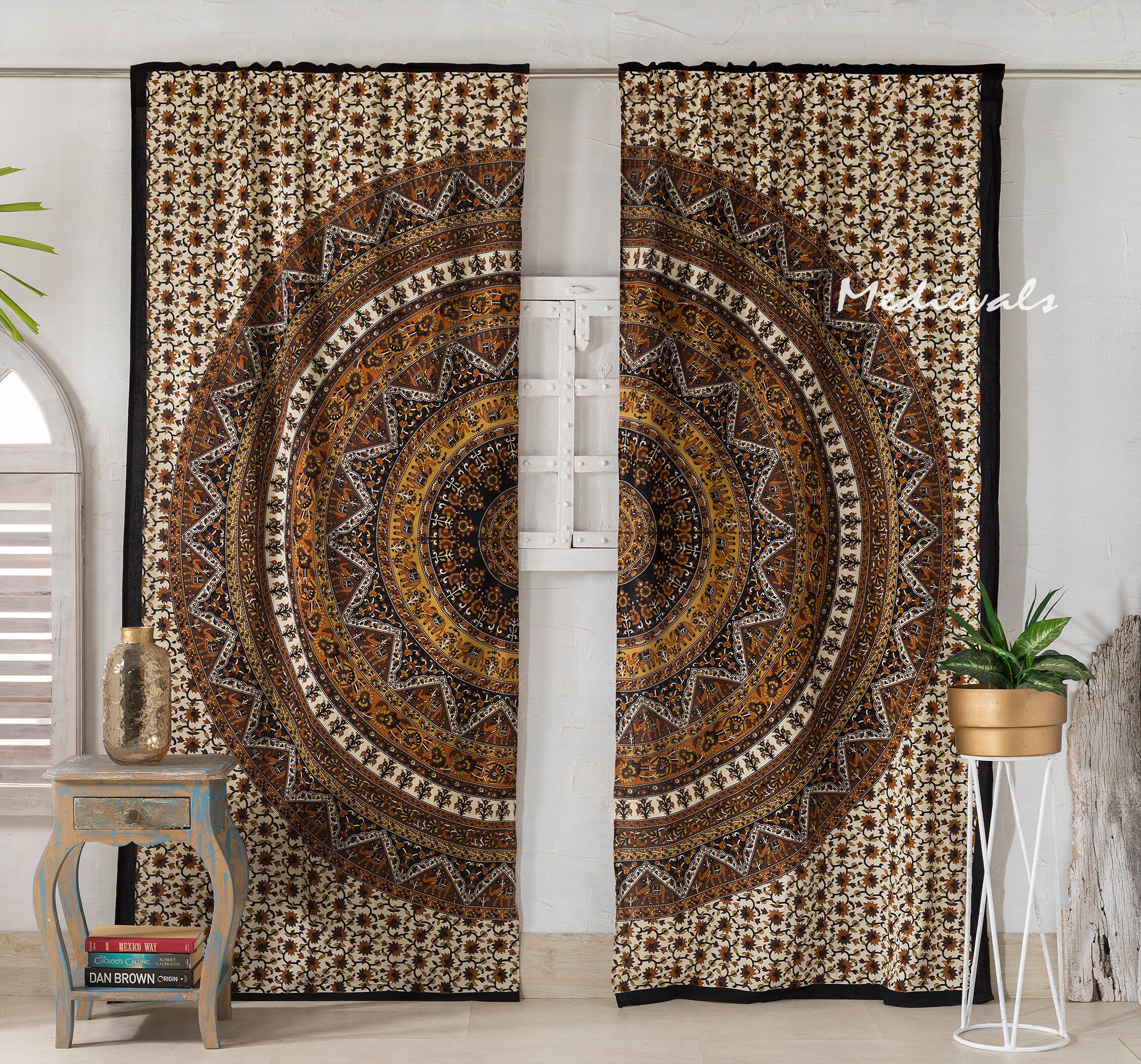 Indian Walll Panel Curtains Cotton Paisley Brown Geometrical Design ...