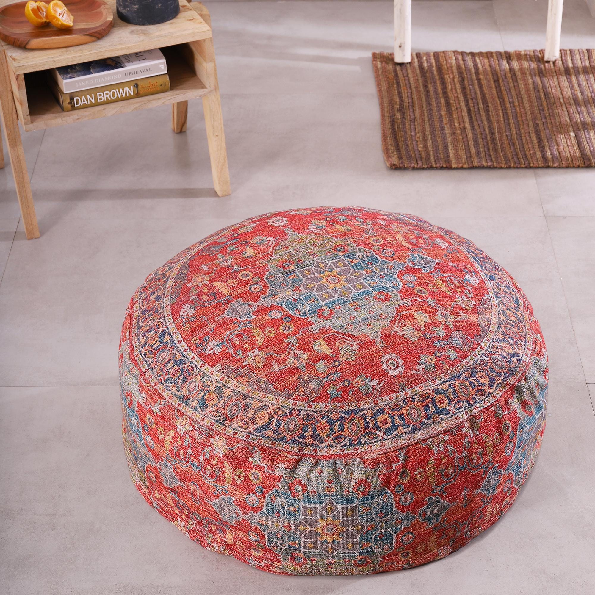 Bohemian Ottoman Pouf Cover: Red Moroccan Print, Recycled Cotton, 24 ...