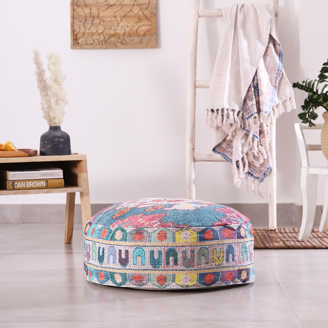 Berber Tribe Vintage Turkish Floor Pouf, Round Moroccan Cushion, Beni ...