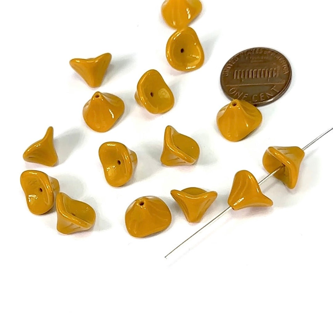Czech Pressed Druk Bell Flower Center Drilled Glass Beads Mustard ...