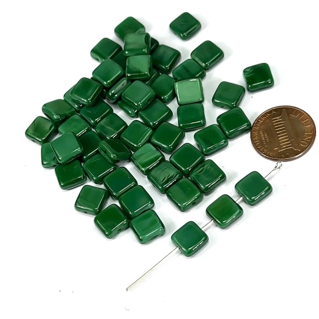 Czech Pressed Druk Flat Square Glass Beads 8x8mm Green Marvel Opaque ...