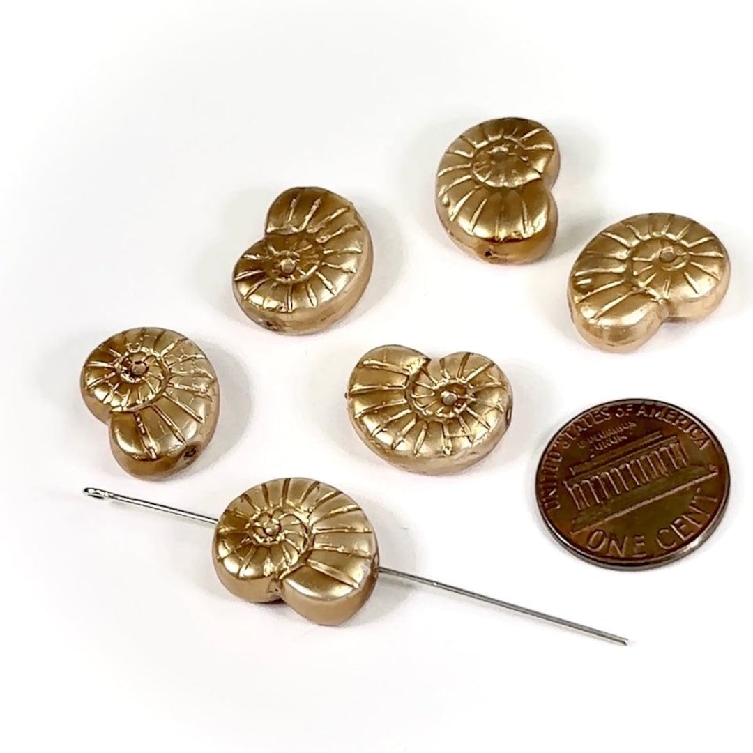 Czech Pressed Druk Snail Shell Shaped Glass Beads 17x13mm Gold Pearl 6 ...