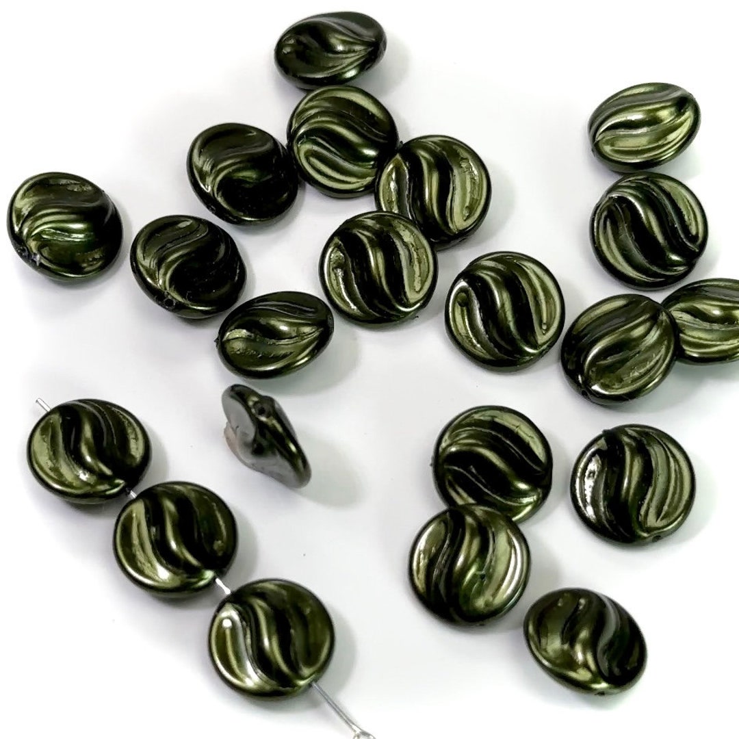 Czech Fancy Round Flat Swirl Glass Pearls 13mm Hunter Green Pearl 20 ...