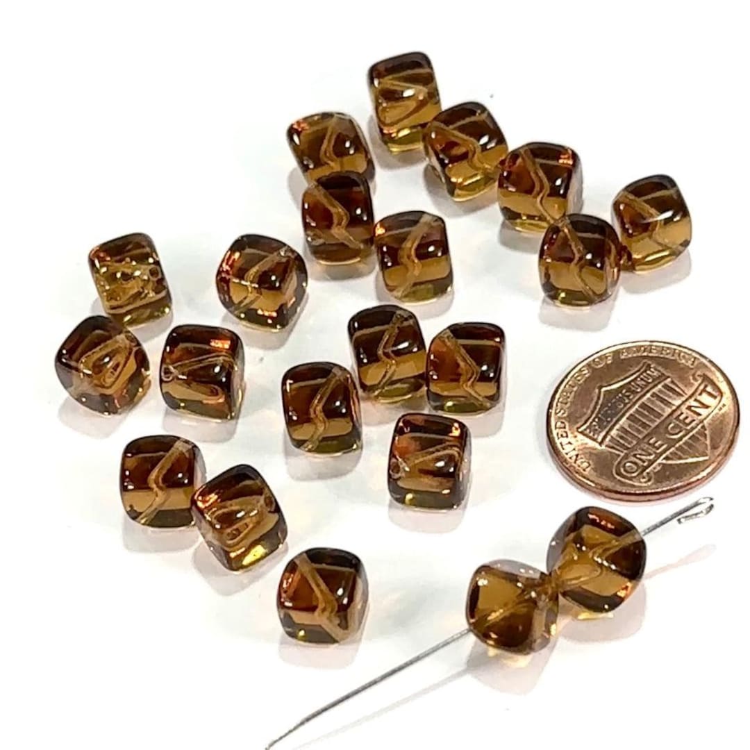 Czech Pressed Druk Cube Diagonally Drilled Glass Beads 8x8mm Dark Topaz ...