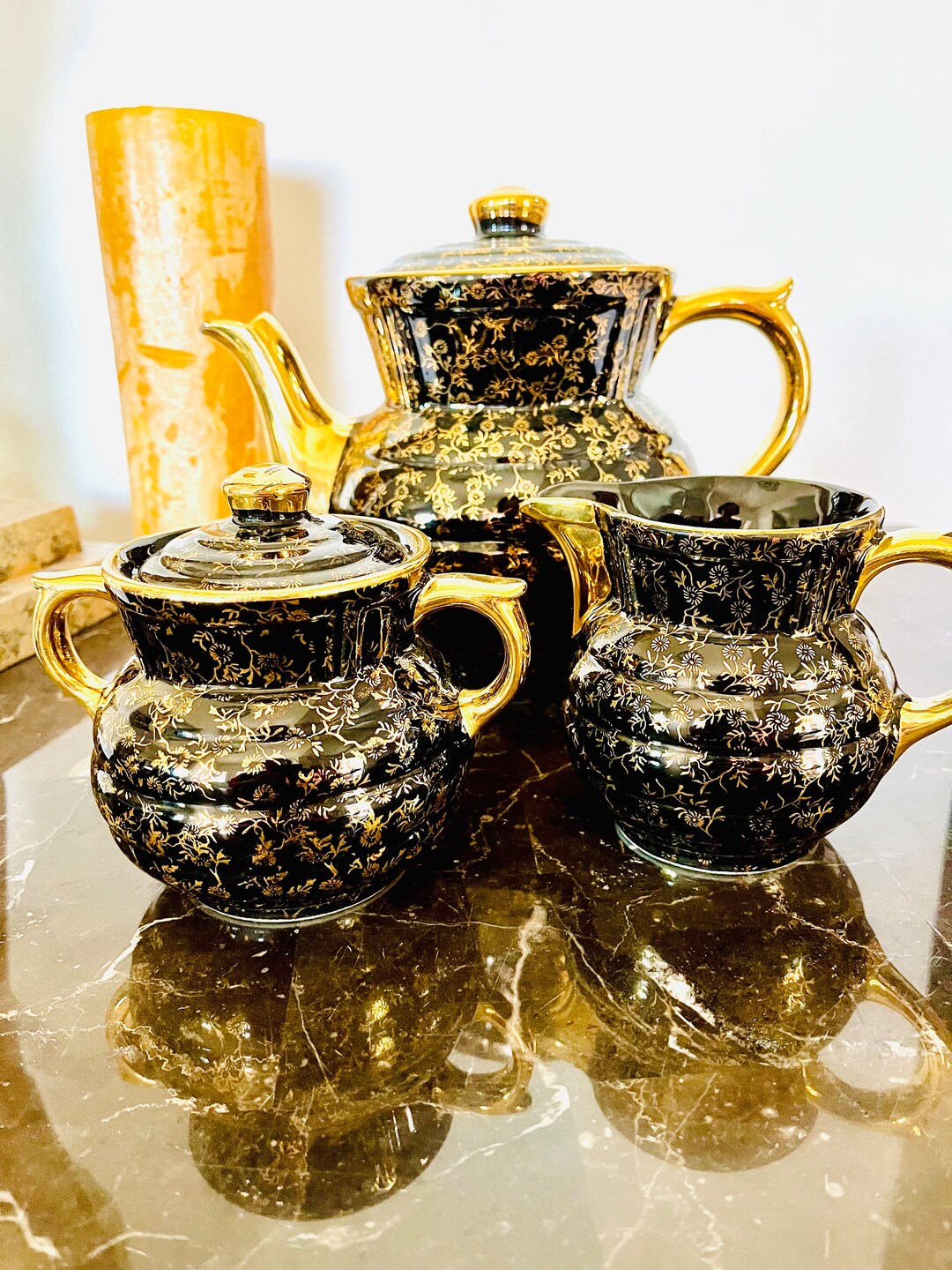 Vintage Enterprise Aluminum Tea Set: Black and Gold 22K Overlay, 1940s ...