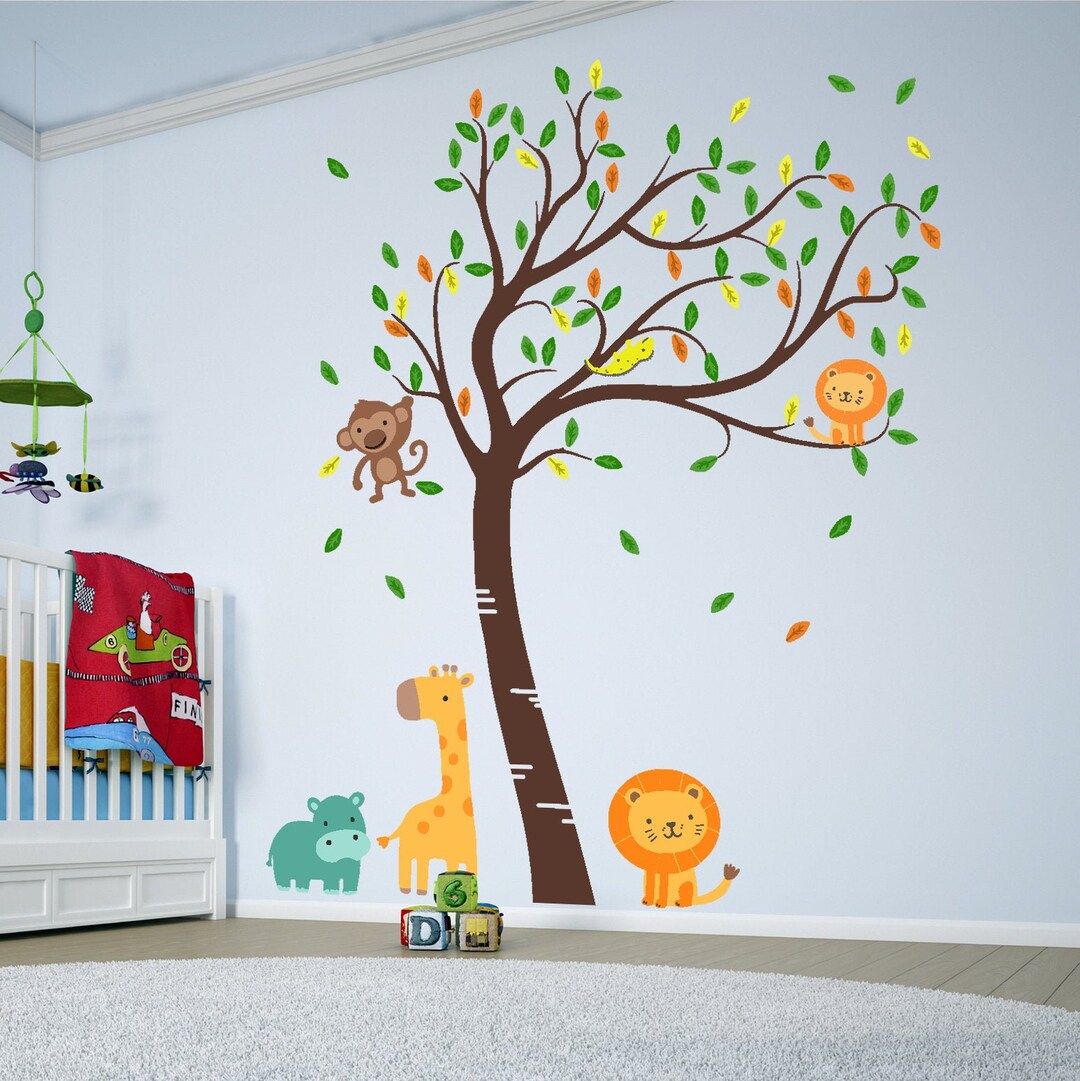Luxury Large Vibrant Coloured Zoo Animal Themed Tree Nursery Room Wall ...