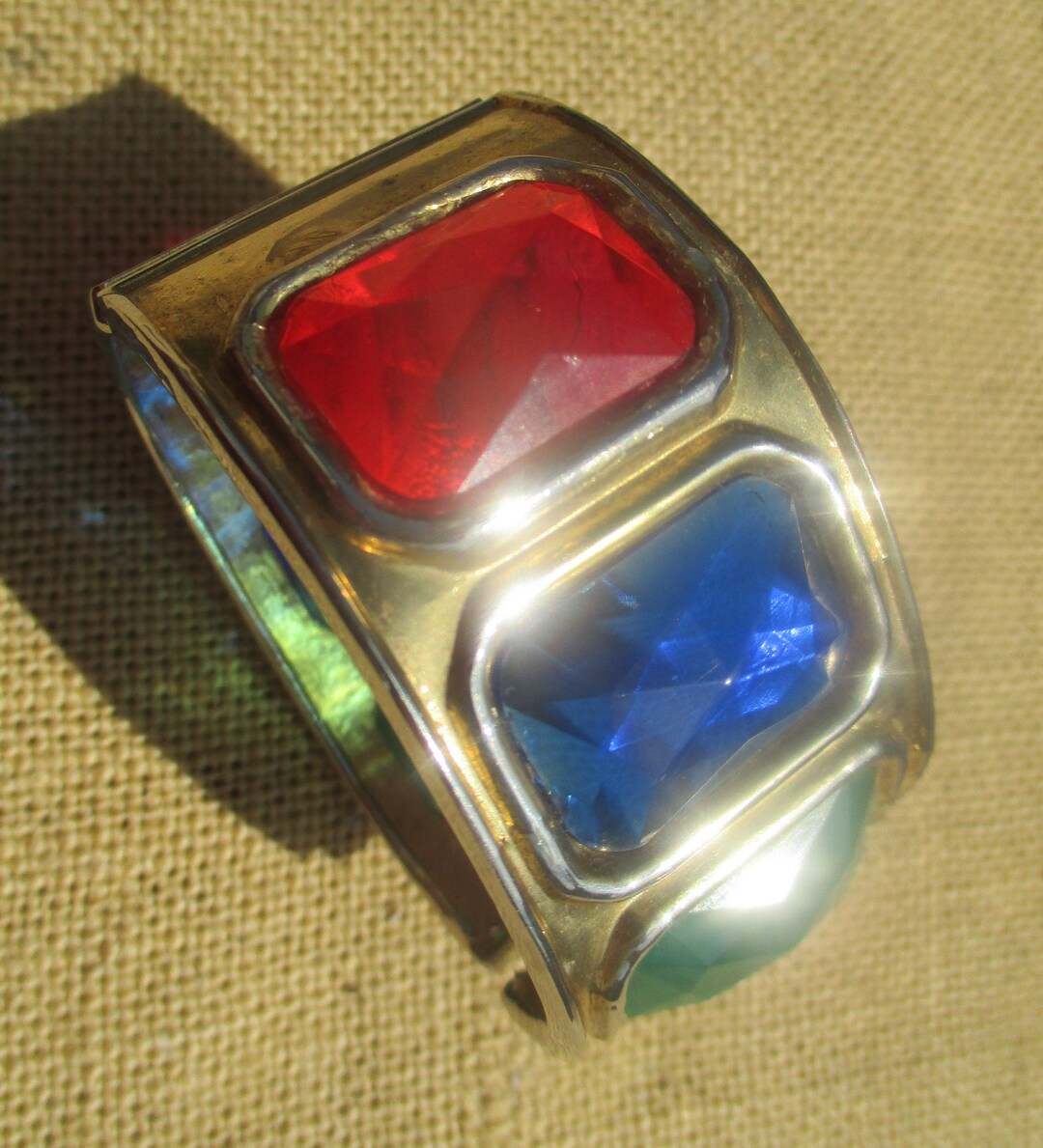 80s Chunky Clamp Bracelet / Bangle, Gold Tone With Big Lucite ...
