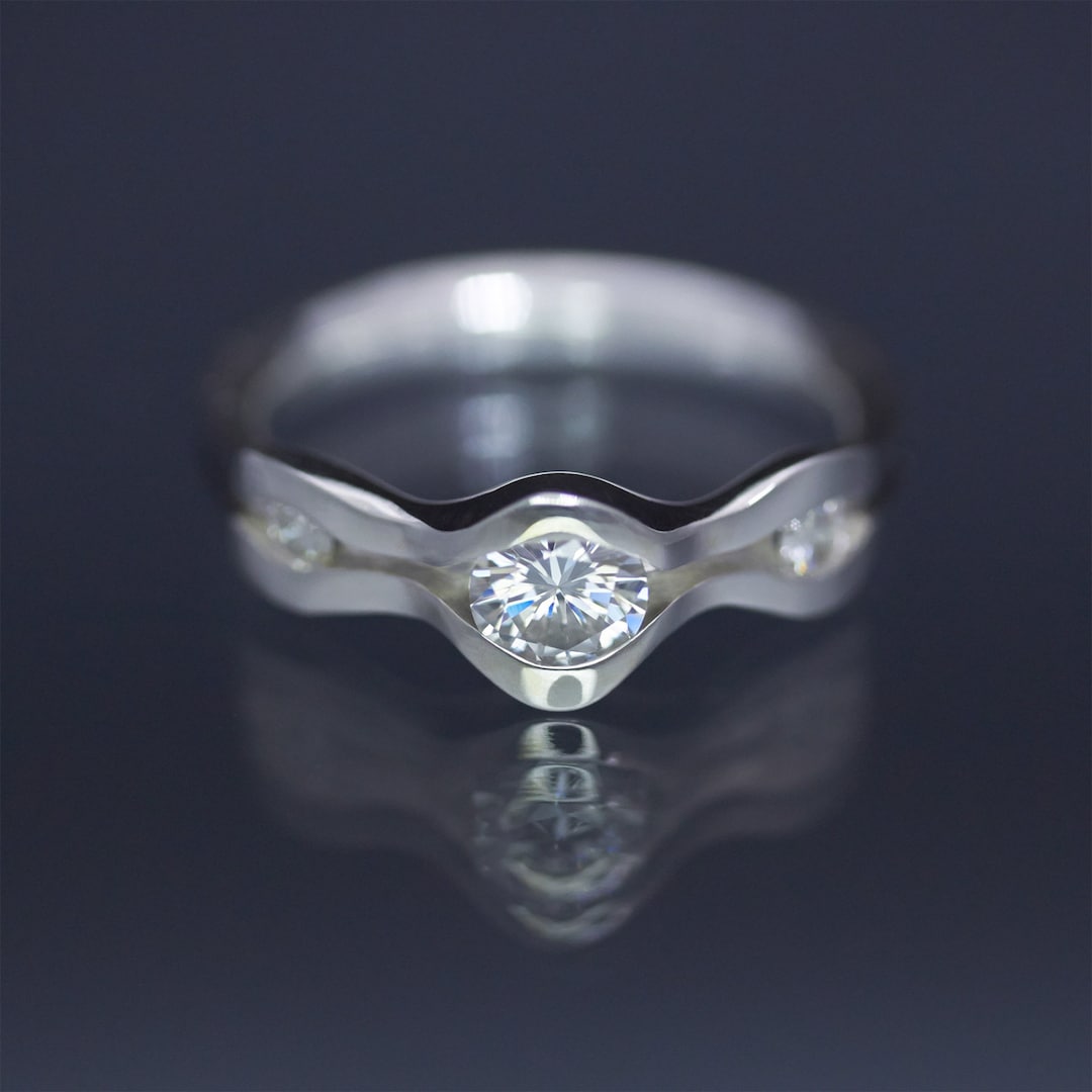 Wave Ring Three Stone Engagement Ring Modern Channel Set Ring Unique ...