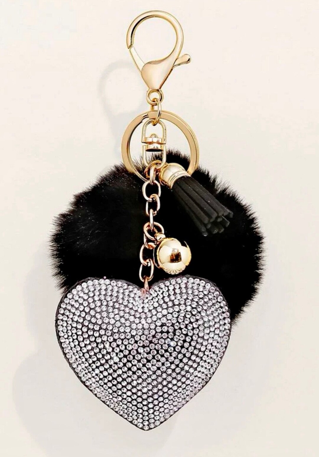Pom-pom Keychain With Diamanté Heart| Black Soft Furry Pom-pom Keyring ...