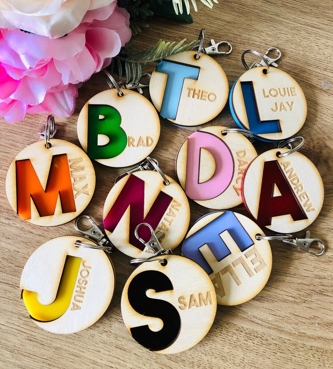 Personalised Initial Bag Tag – Wood & Acrylic School Bag Keychain - Etsy UK