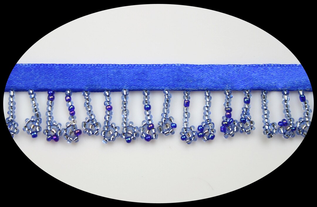 1 Inch Wide Blue Flower Beaded Fringe Trim Floral Design Pattern Ribbon ...