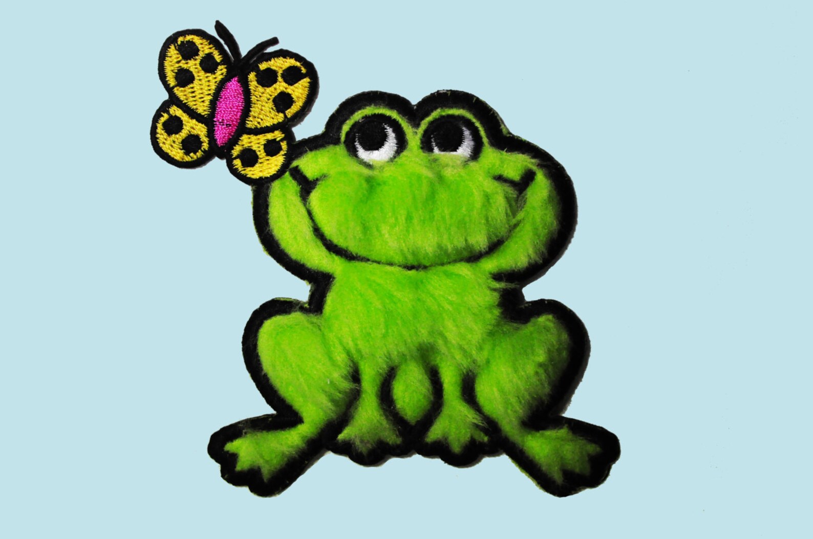 Cute Fuzzy Furry Soft Green Frog Embroidered Yellow Pink Black Polka ...