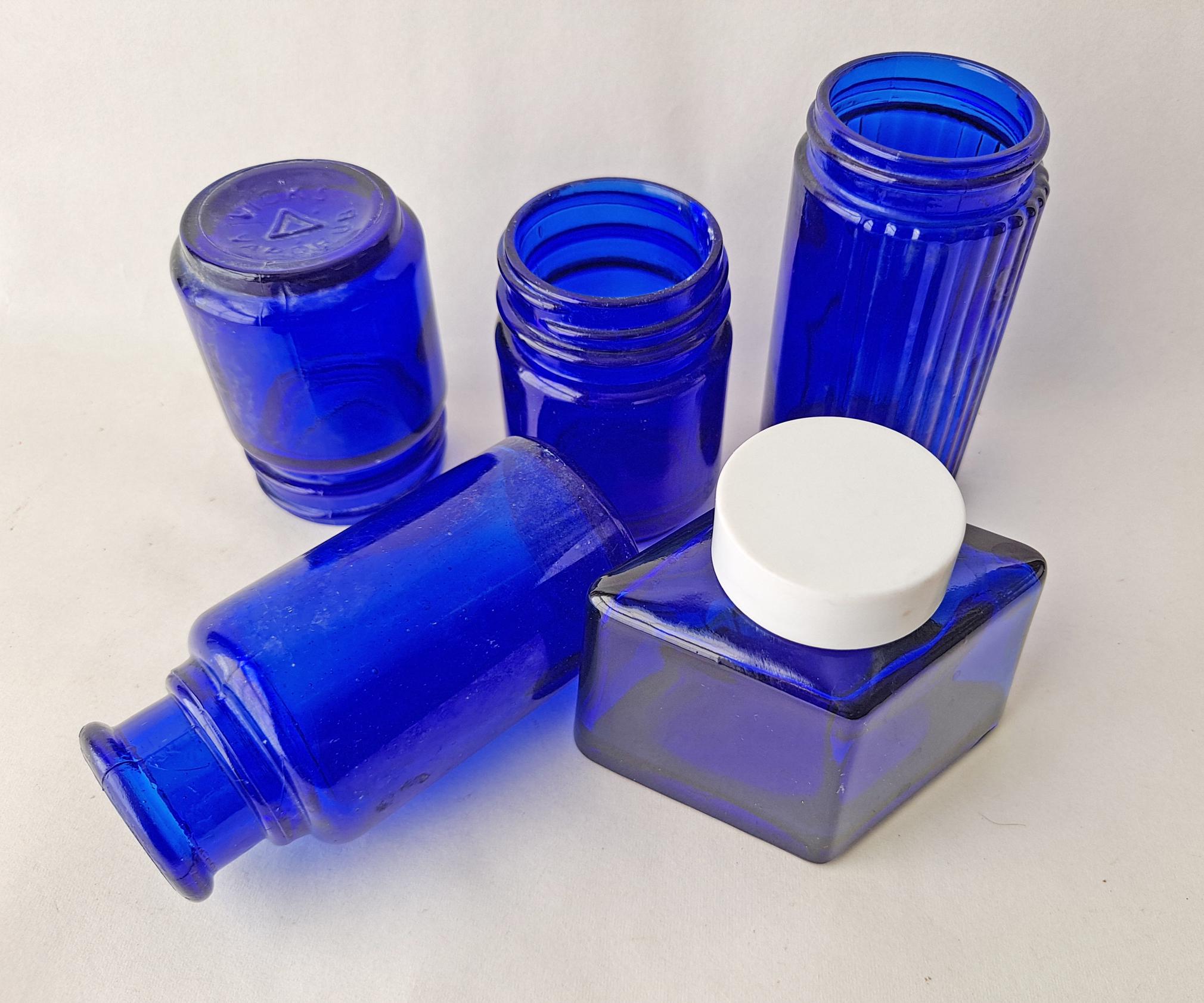 Set of 5 Vintage Cobalt Blue Jars Including Vick's and Parker Ink Jars ...